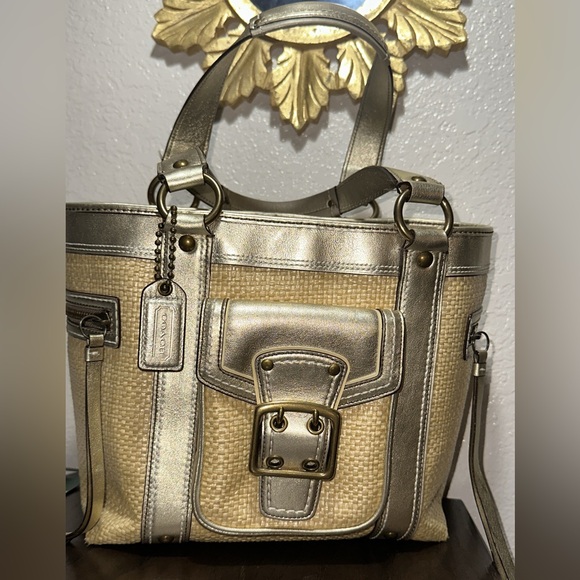 Coach | Bags | Coach Legacy Silver Leather Straw Tote Shopper Handbag ...